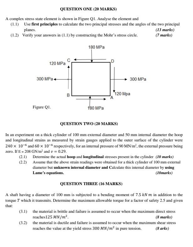 Solved QUESTION ONE (20 MARKS) A complex stress state | Chegg.com