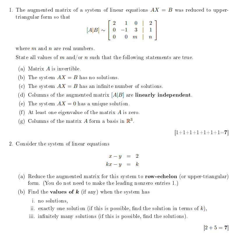 Solved The augmented matrix of a system of linear equations | Chegg.com