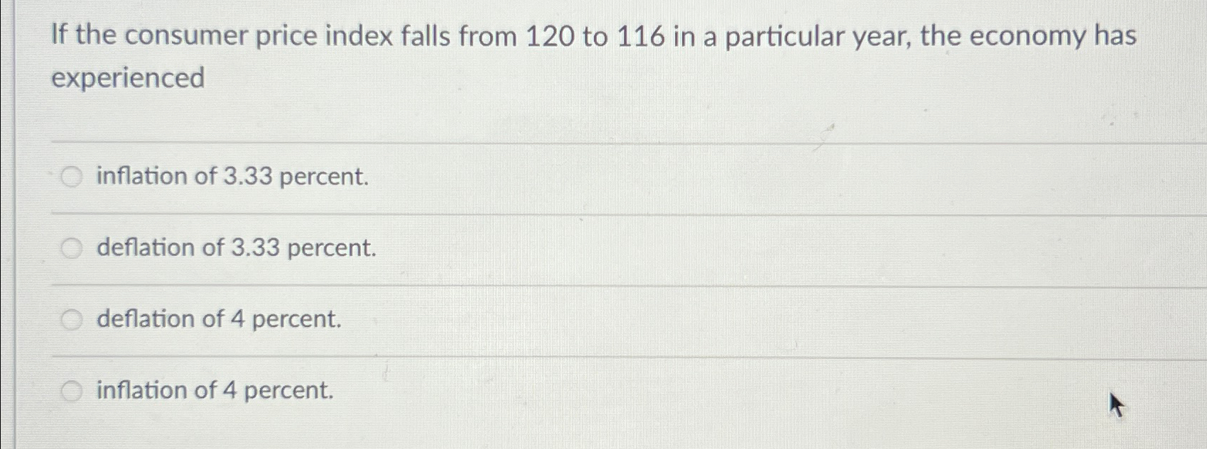 Solved If the consumer price index falls from 120 ﻿to 116 | Chegg.com