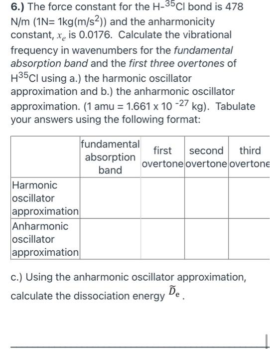 Solved 6.) The force constant for the H-35Cl bond is 478 N/m | Chegg.com