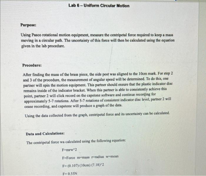 Solved Lab 6-Uniform Circular Motion Purpose: Using Pasco | Chegg.com