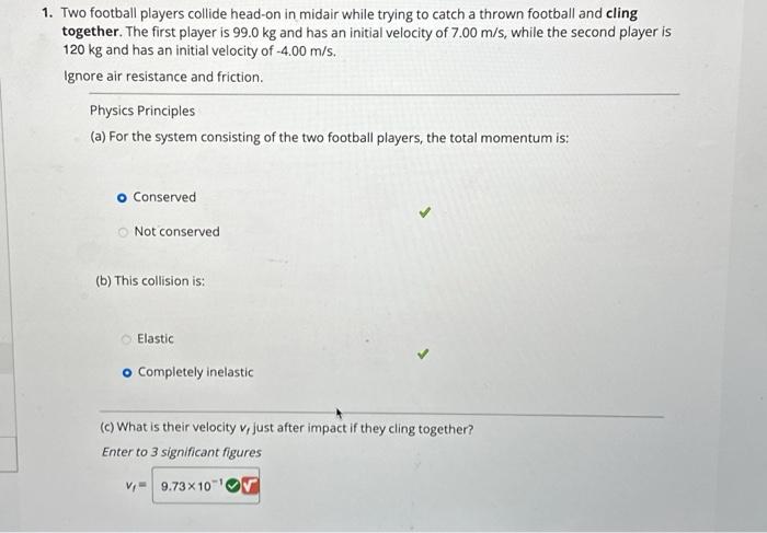 Solved 1. Two football players collide head-on in midair | Chegg.com