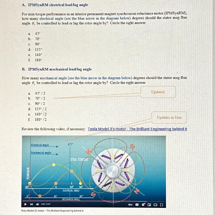 Solved A. IPMSynRM electrical lead/lag angle For max torque | Chegg.com