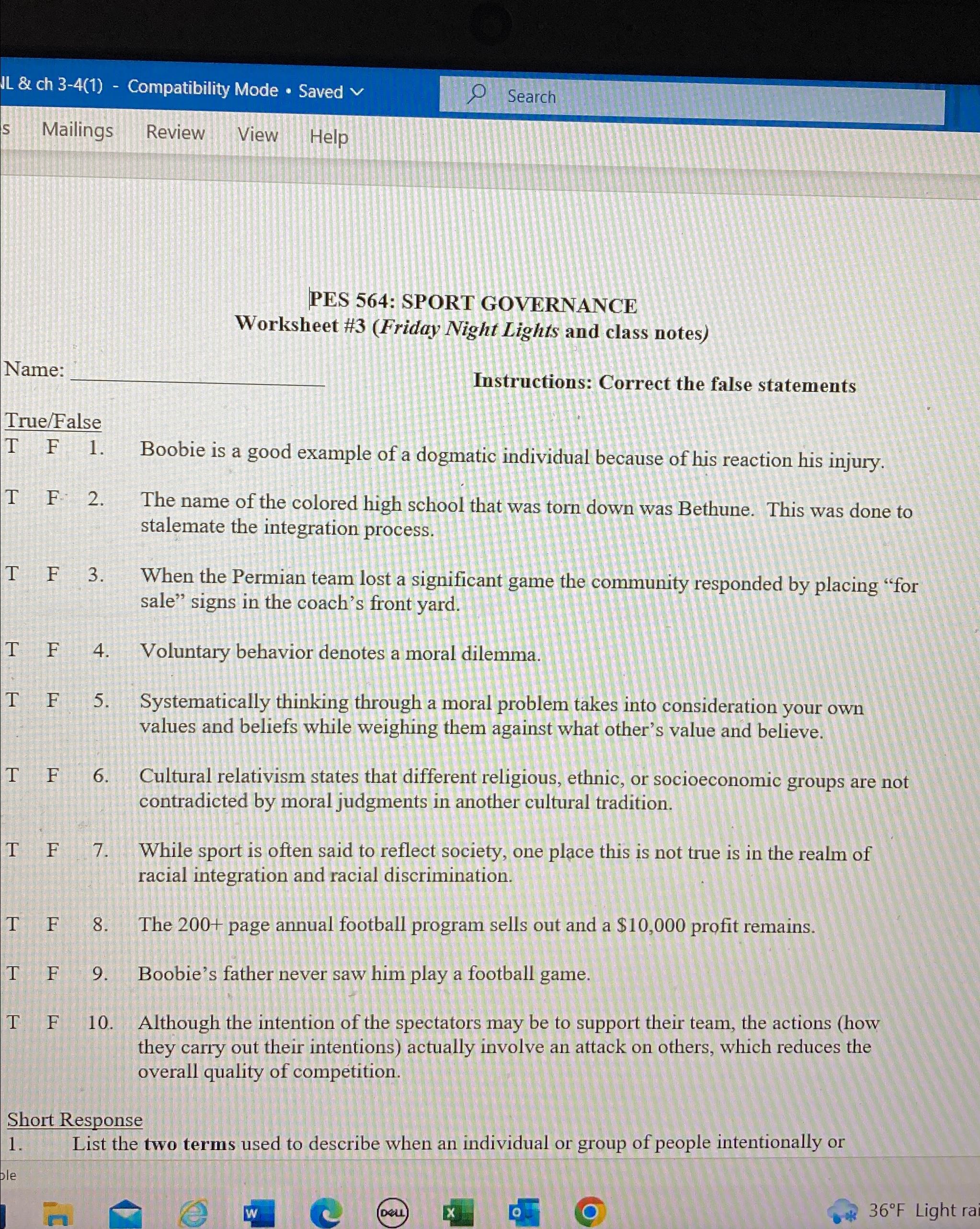 Solved PES 564: SPORT GOVERNANCEWorksheet #3 (Friday Night | Chegg.com