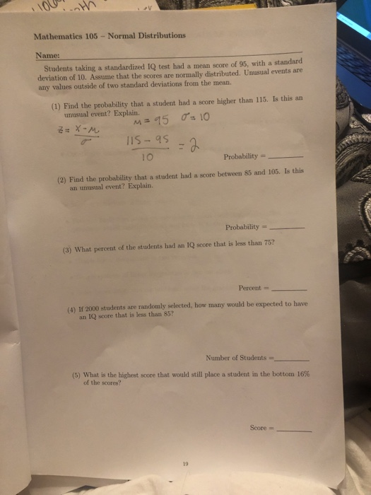 Solved Mathematics 105 - Normal Distributions Name: Students | Chegg.com