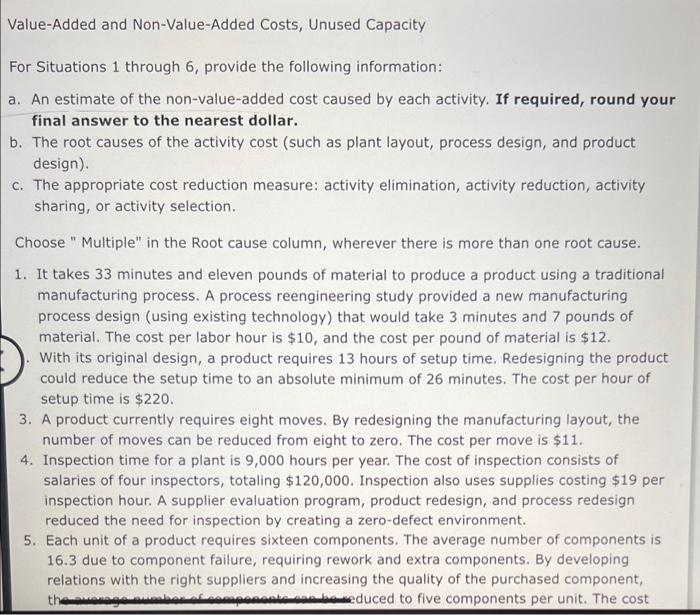 Solved Value-Added and Non-Value-Added Costs, Unused | Chegg.com