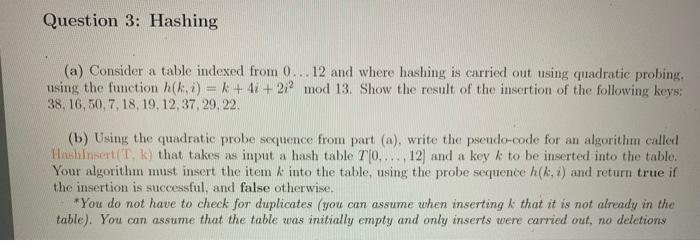 Solved Question 3: Hashing (a) Consider a table indexed from | Chegg.com