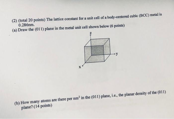 Solved (2) (total 20 points) The lattice constant for a unit | Chegg.com