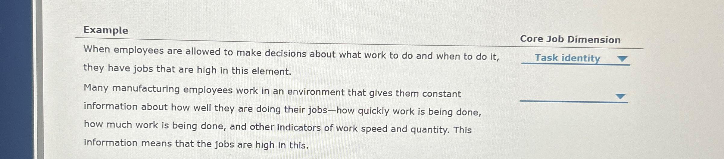 Solved ExampleCore Job DimensionWhen employees are allowed | Chegg.com