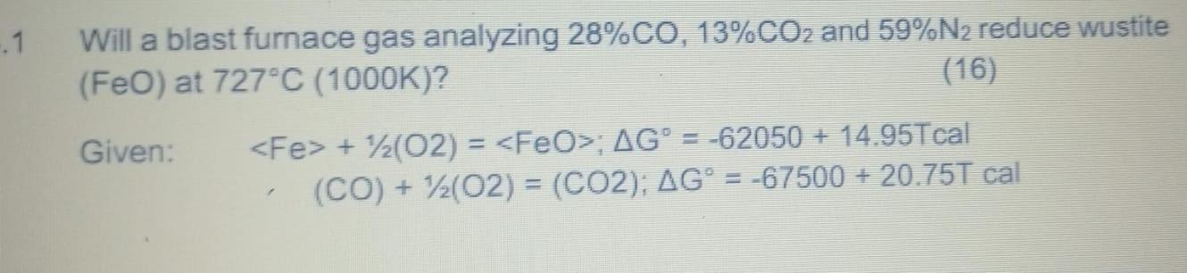 Solved Will a blast furnace gas analyzing 28%CO,13%CO2 and | Chegg.com