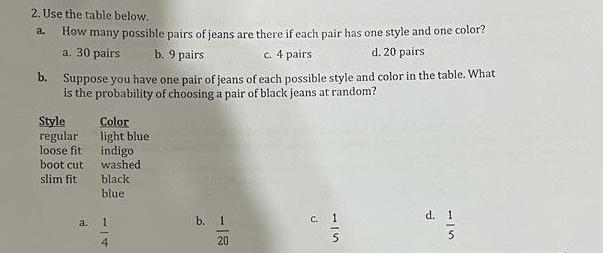 Solved 2. Use the table below. a. How many possible pairs of | Chegg.com