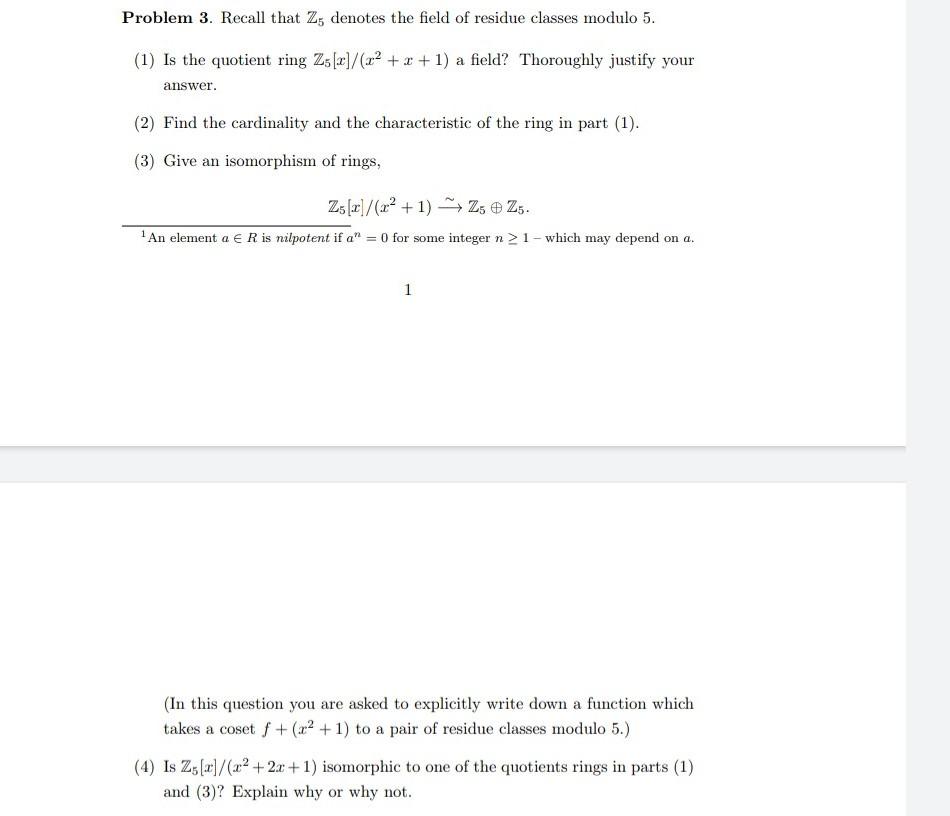 Problem 3. Recall that Z5 denotes the field of | Chegg.com