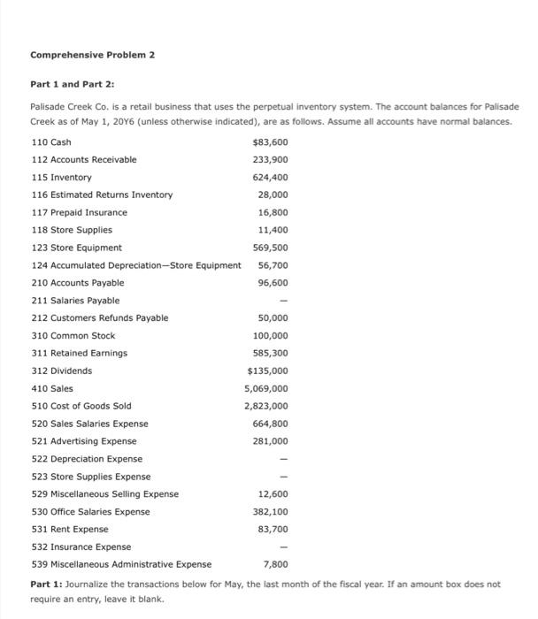 Comprehensive Problem 2 Part 1 and Part 2: Palisade | Chegg.com