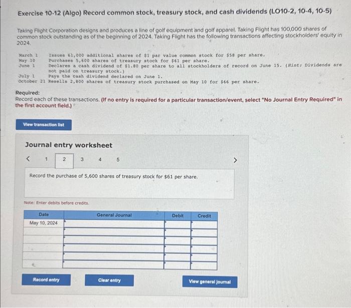 Solved Exercise 10-12 (Algo) Record common stock, treasury | Chegg.com