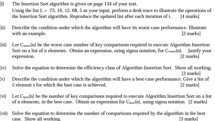 Solved I The Insertion Sort Algorithm Is Given On Page 134 1774