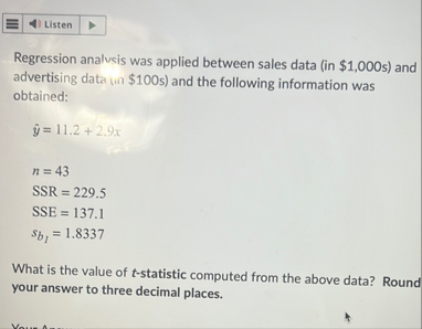 Solved Regression analusis was applied between sales data | Chegg.com