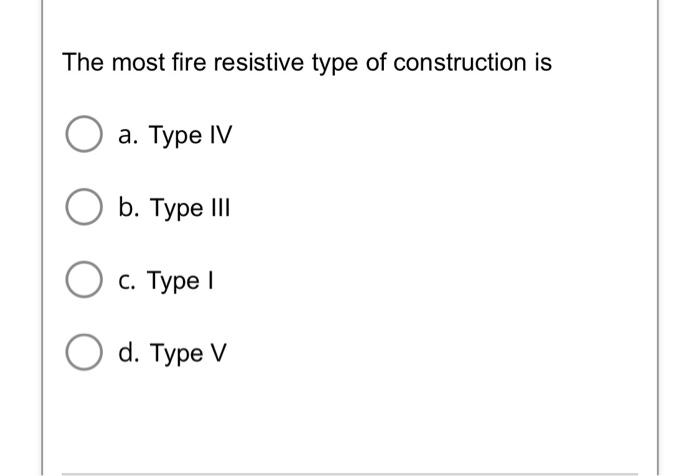 Solved The most fire resistive type of construction is a. | Chegg.com