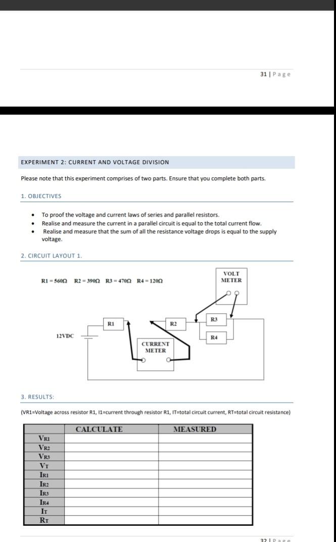 Solved EXPERIMENT 2: CURRENT AND VOLTAGE DIVISION Please | Chegg.com