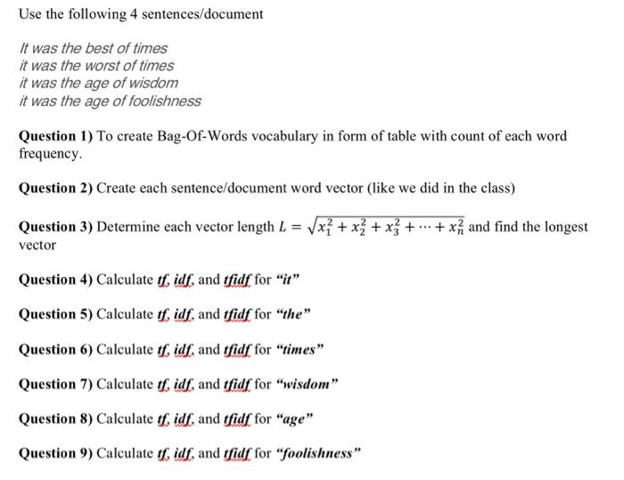 Question 2) Create each sentence/document word vector | Chegg.com
