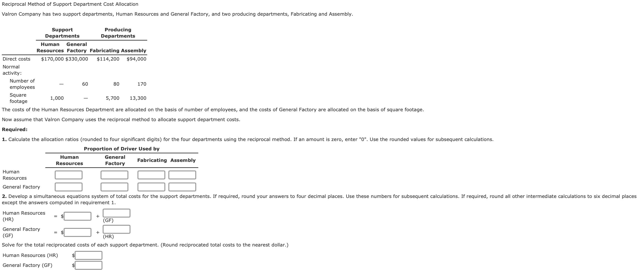 Solved Reciprocal Method of Support Department Cost | Chegg.com