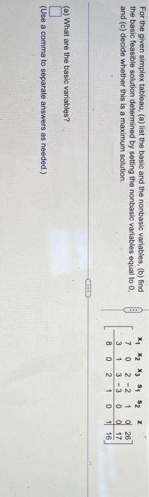 Solved Z For the given simplex tableau, (a) list the basic | Chegg.com