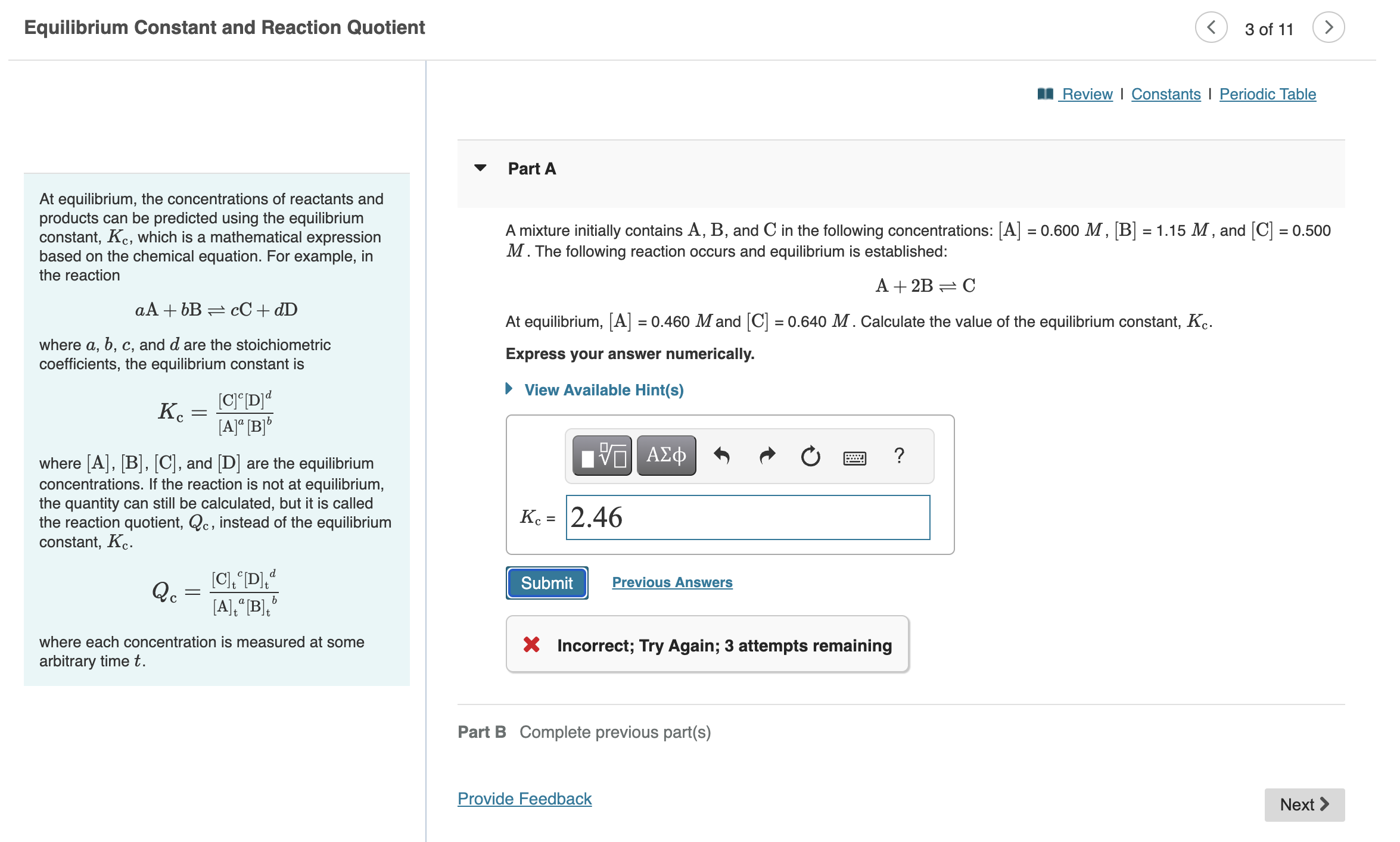 Solved Part AAt equilibrium, the concentrations of reactants | Chegg.com