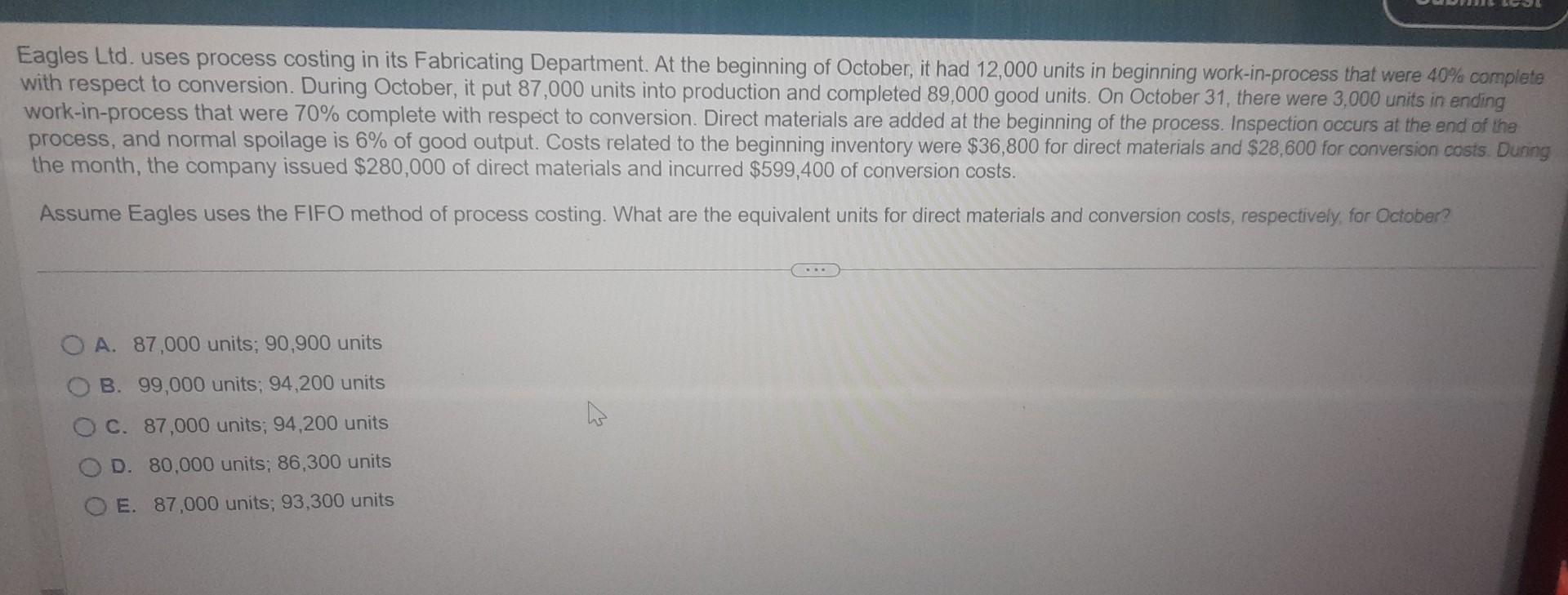 Solved Eagles Ltd. uses process costing in its Fabricating | Chegg.com