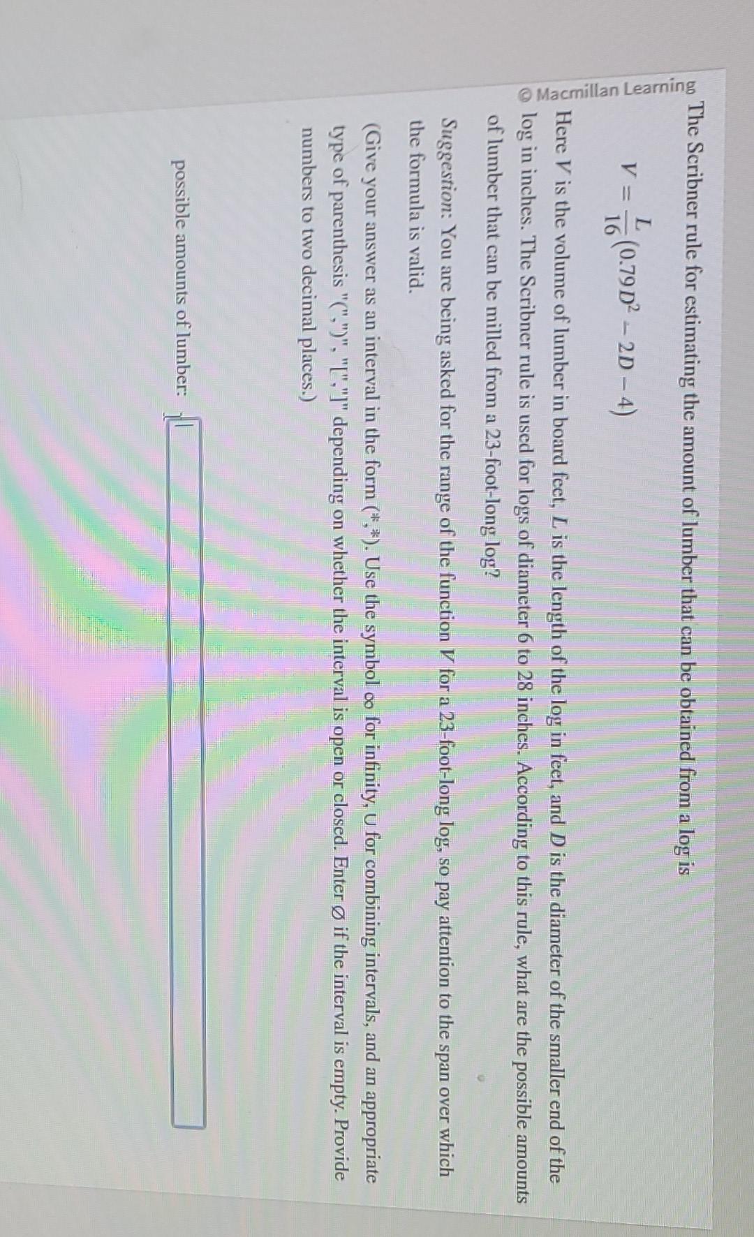 Solved The Scribner rule for estimating the amount of lumber | Chegg.com