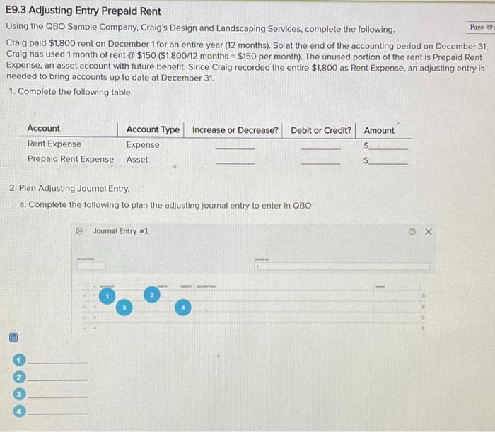 Solved Page 495 E9.3 Adjusting Entry Prepaid Rent Using the | Chegg.com