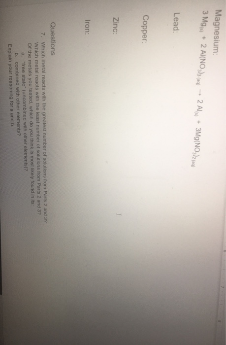 Solved Magnesium 3 Mgr.) + 2 Al(NO3)3 (an) 2 Ale+ | Chegg.com