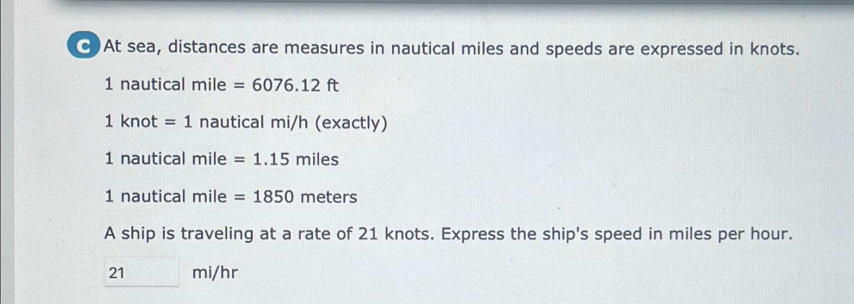 Solved At sea, distances are measures in nautical miles and | Chegg.com