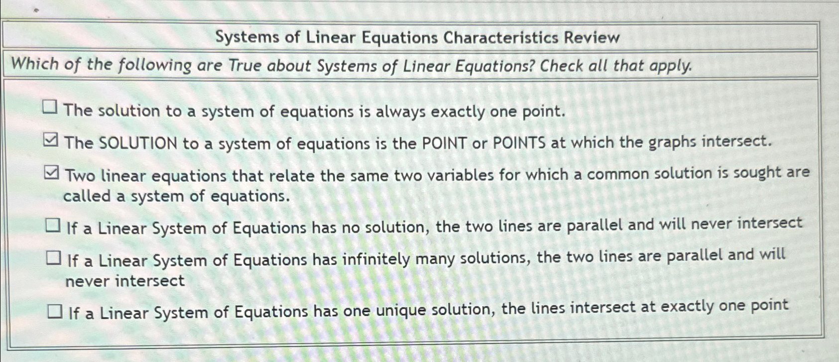 Solved Systems of Linear Equations Characteristics | Chegg.com