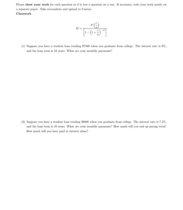 Solved Phease show your work for each question as if it was | Chegg.com