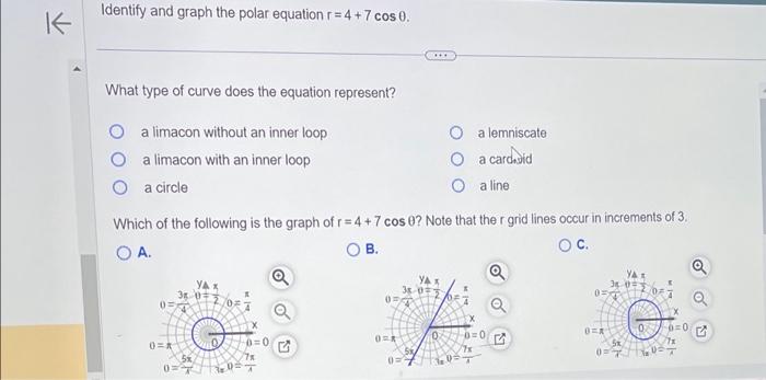 Solved Identify and graph the polar equation r=4+7cosθ. What | Chegg.com