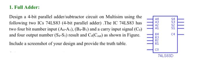 Solved A4 1. Full Adder: Design a 4-bit parallel | Chegg.com