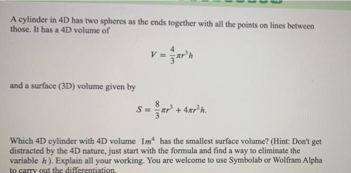 Solved A cylinder in 4D has two spheres as the ends together | Chegg.com
