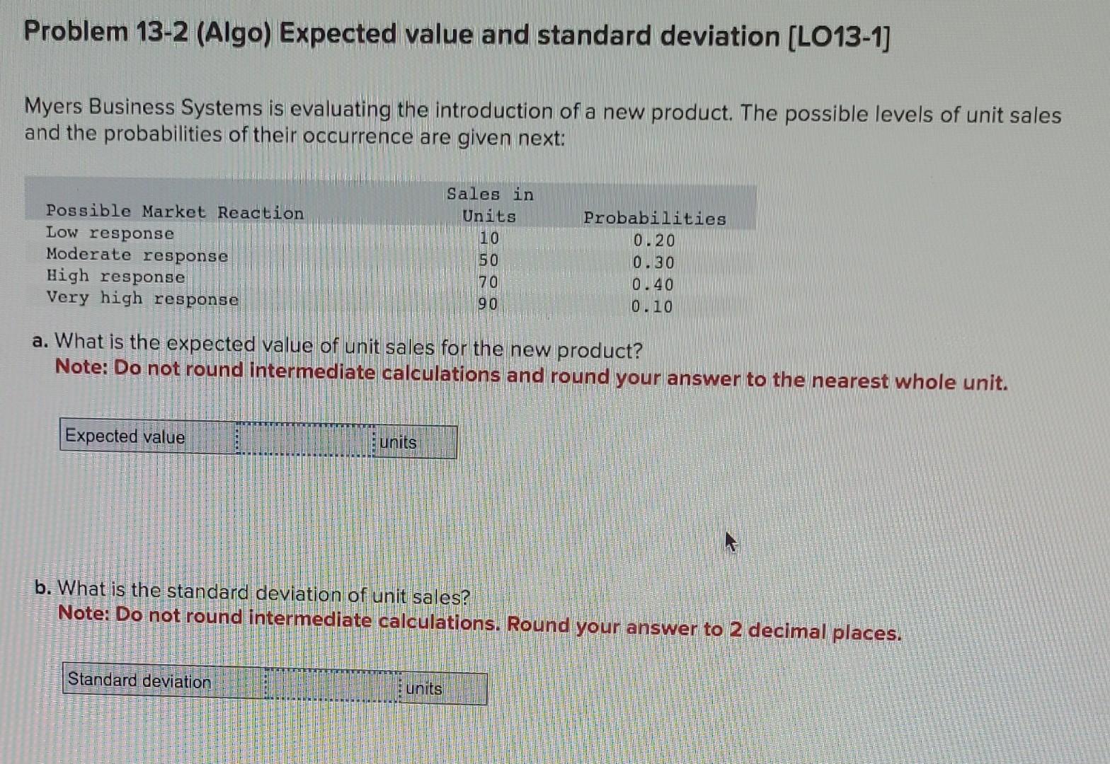 Solved Problem 13-2 (Algo) Expected value and standard | Chegg.com