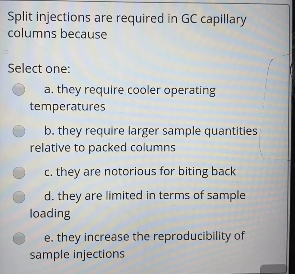Solved Split injections are required in GC capillary columns | Chegg.com