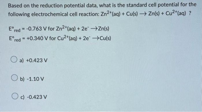 Solved Based on the reduction potential data, what is the | Chegg.com