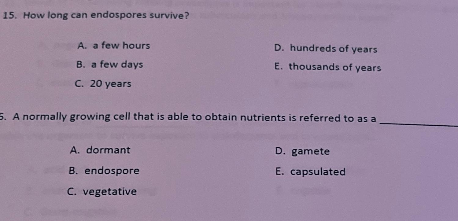 Solved How long can endospores survive?A. ﻿a few hoursD. | Chegg.com