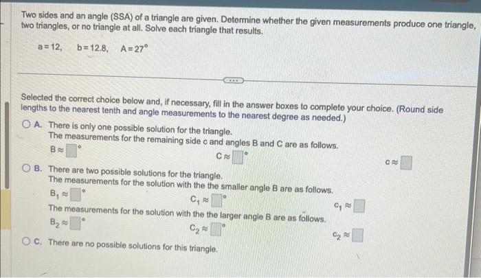 Solved Two sides and an angle (SSA) of a triangle are given. | Chegg.com