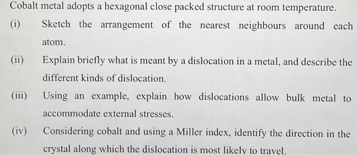 Solved Cobalt metal adopts a hexagonal close packed | Chegg.com