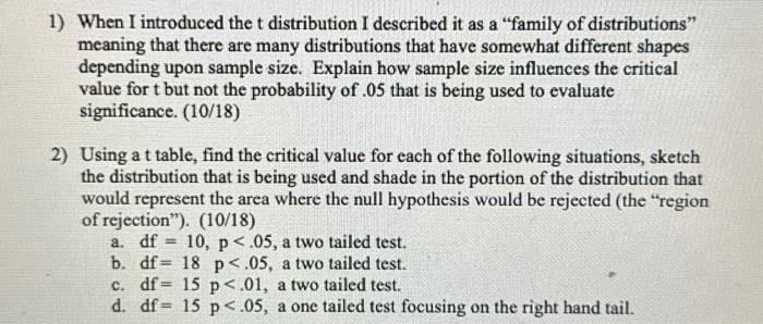 Solved 1) When I introduced the t distribution I described | Chegg.com