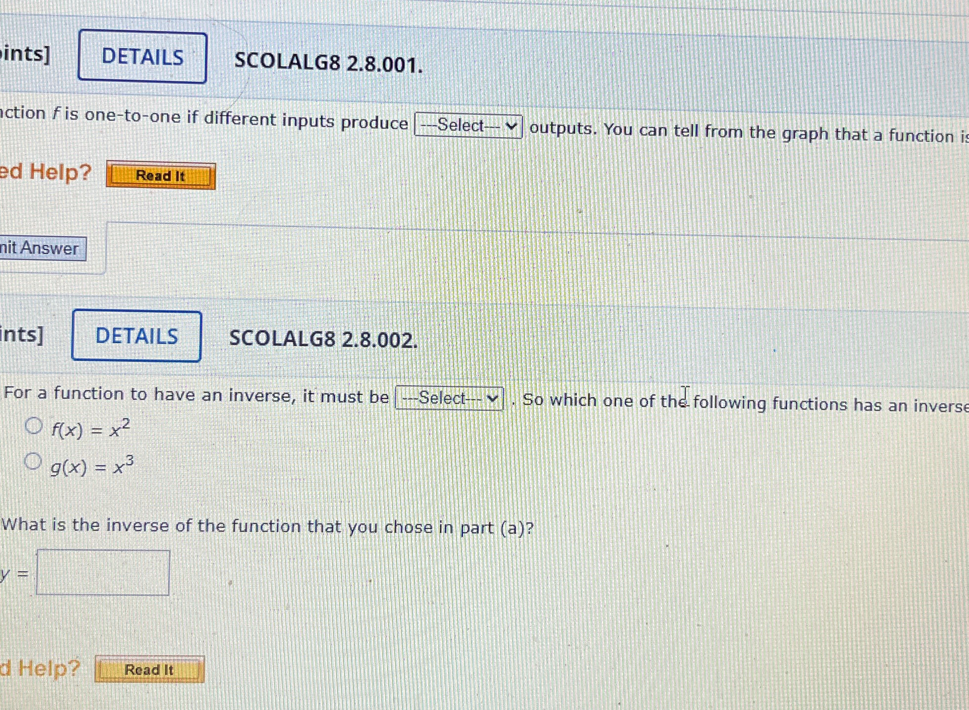 Solved ints]SCOLALG8 2.8.001.ction f ﻿is one-to-one if | Chegg.com