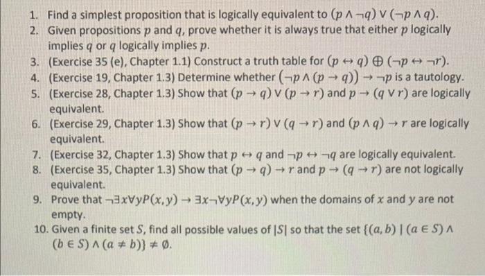 Solved - -> 1. Find a simplest proposition that is logically | Chegg.com