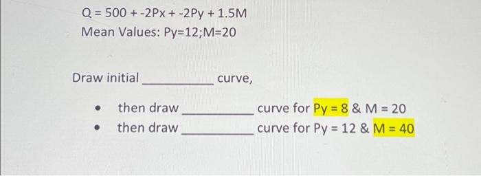 Solved Q = 500 +-2Px + -2Py + 1.5M Mean Values: Py=12;M=20 | Chegg.com