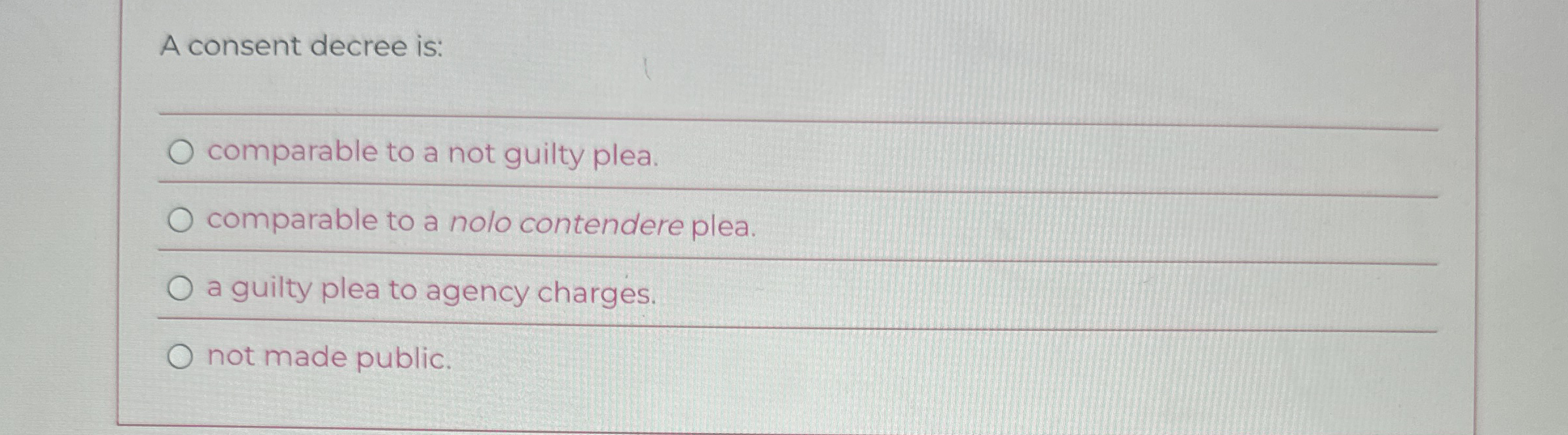 Solved A consent decree is:comparable to a not guilty | Chegg.com