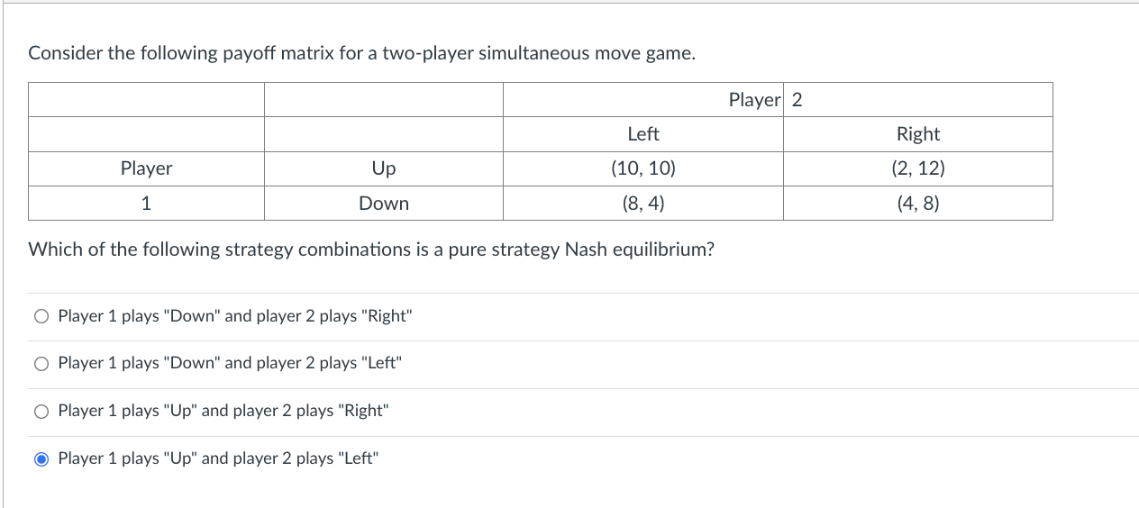 Solved Consider the following payoff matrix for a two-player | Chegg.com