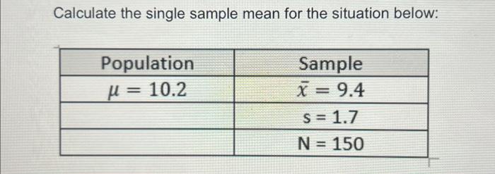 Solved Calculate the single sample mean for the situation | Chegg.com