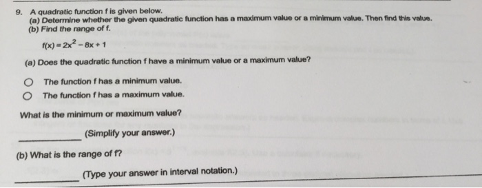 Solved 9. A quadratic function fis given below. (a) | Chegg.com